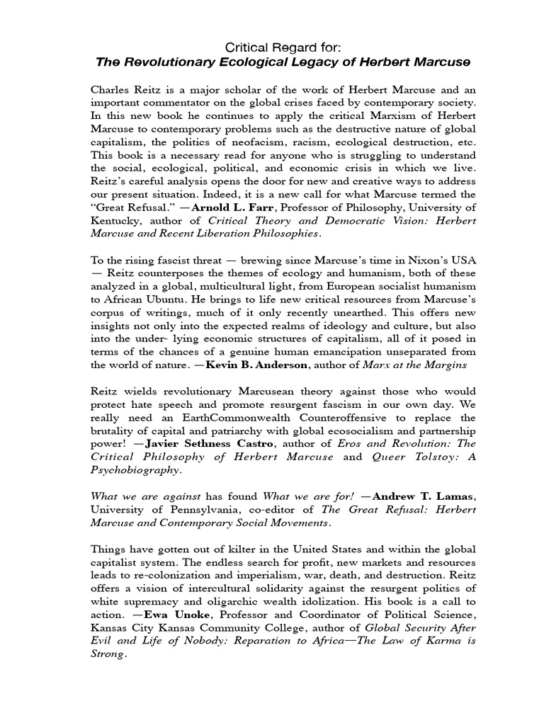Charles Reitz - The Revolutionary Ecological Legacy of Herbert Marcuse ...