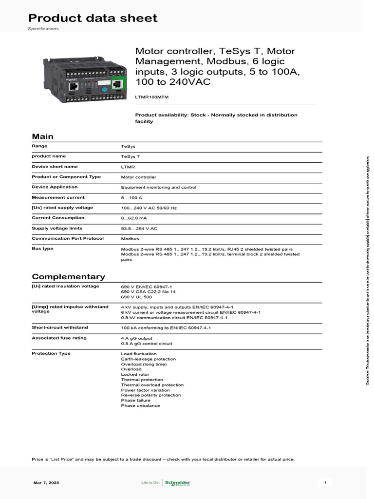 Schneider Electric - TeSys-T-Motor-Management-System - LTMR100MFM | PDF ...