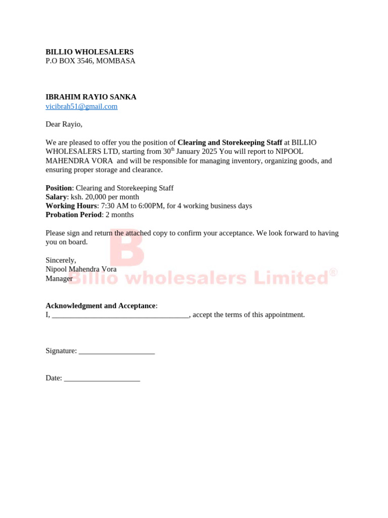 Billio Wholesalers Job Offer Letter | PDF