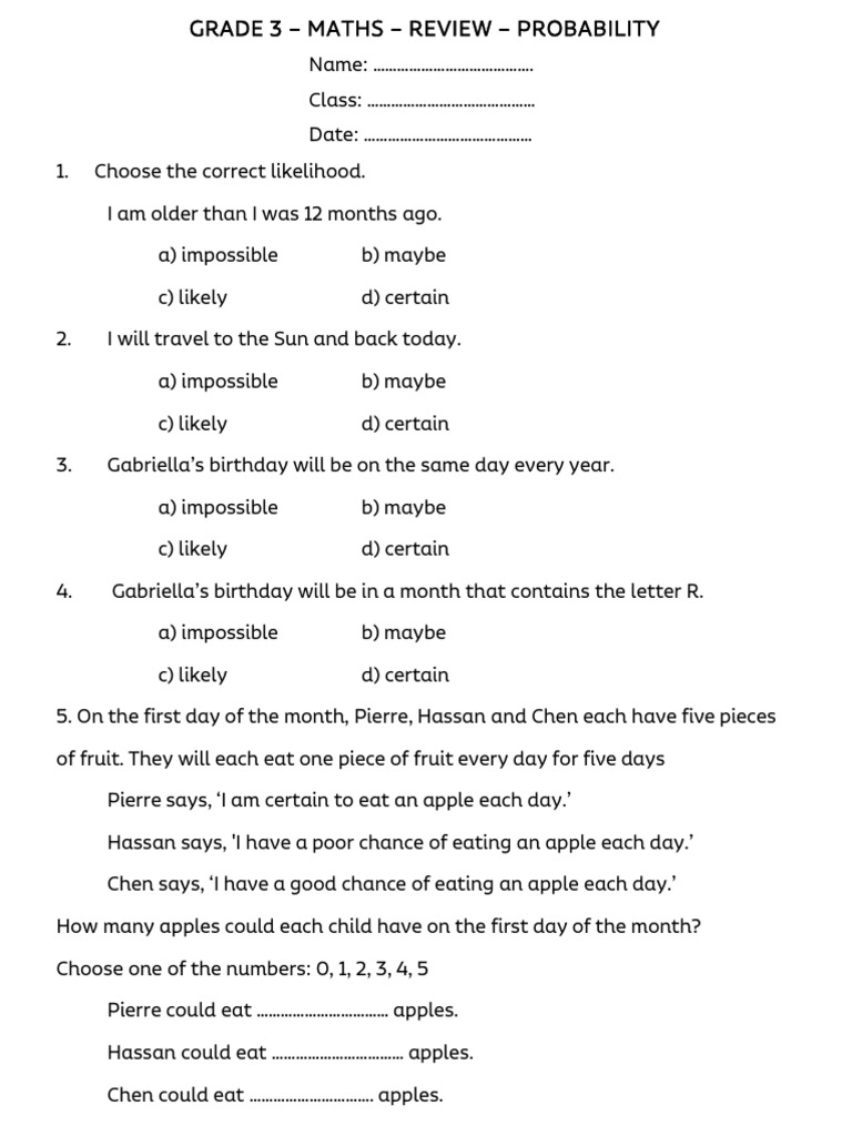 Grade 3 Probability Review Worksheet | PDF