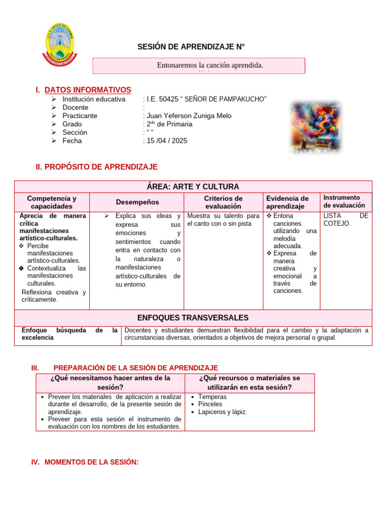 Sesion #1 Arte y Cultura YEFER | PDF | Aprendizaje | Canciones