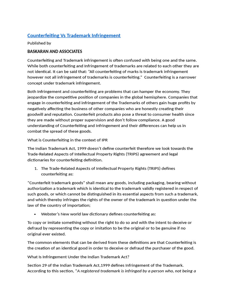 Counterfeiting vs Trademark Infringement | PDF | Trademark | Trademark ...