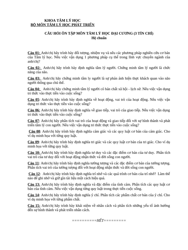 1B_Câu hỏi ôn tập TLH Đại cương_hệ chuẩn_2021 | PDF