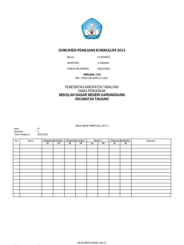 Format Penilaian k13 Kls IV - Sem 2 | PDF