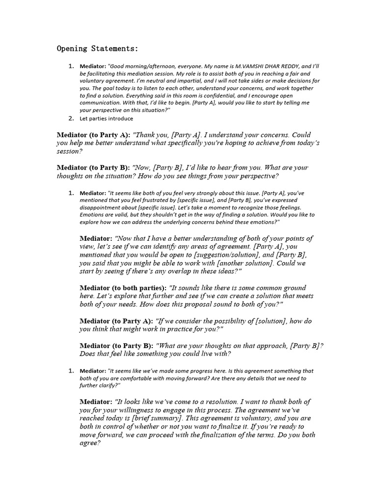 Mediator's Opening Statement Guide | PDF | Mediation | Psychology