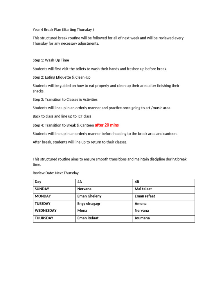Year 4 Break Plan copy | PDF