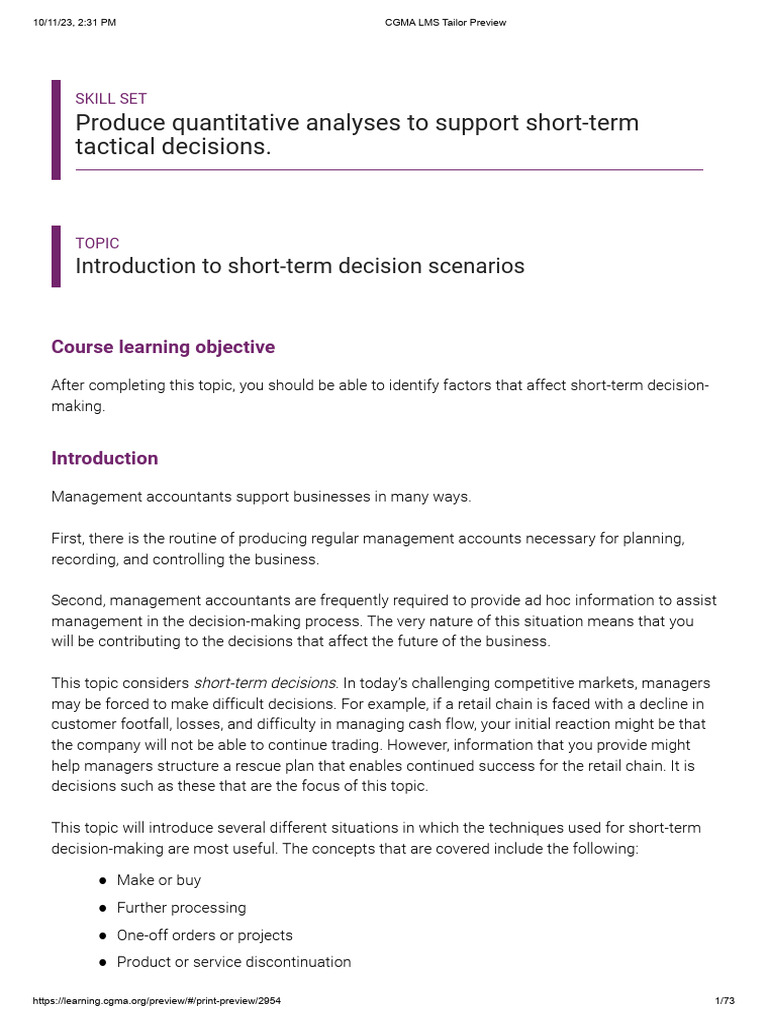 Short-Term Decision Making Skill | PDF | Opportunity Cost | Cost