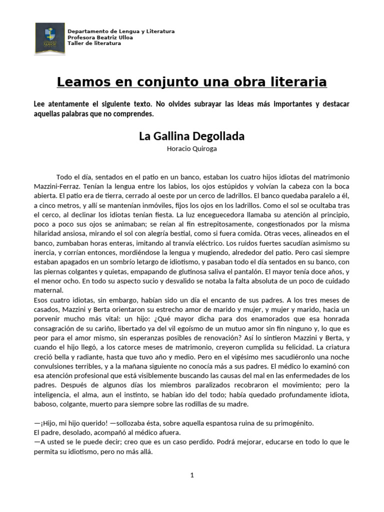 Cuento La Gallina Degollada | PDF | Amor