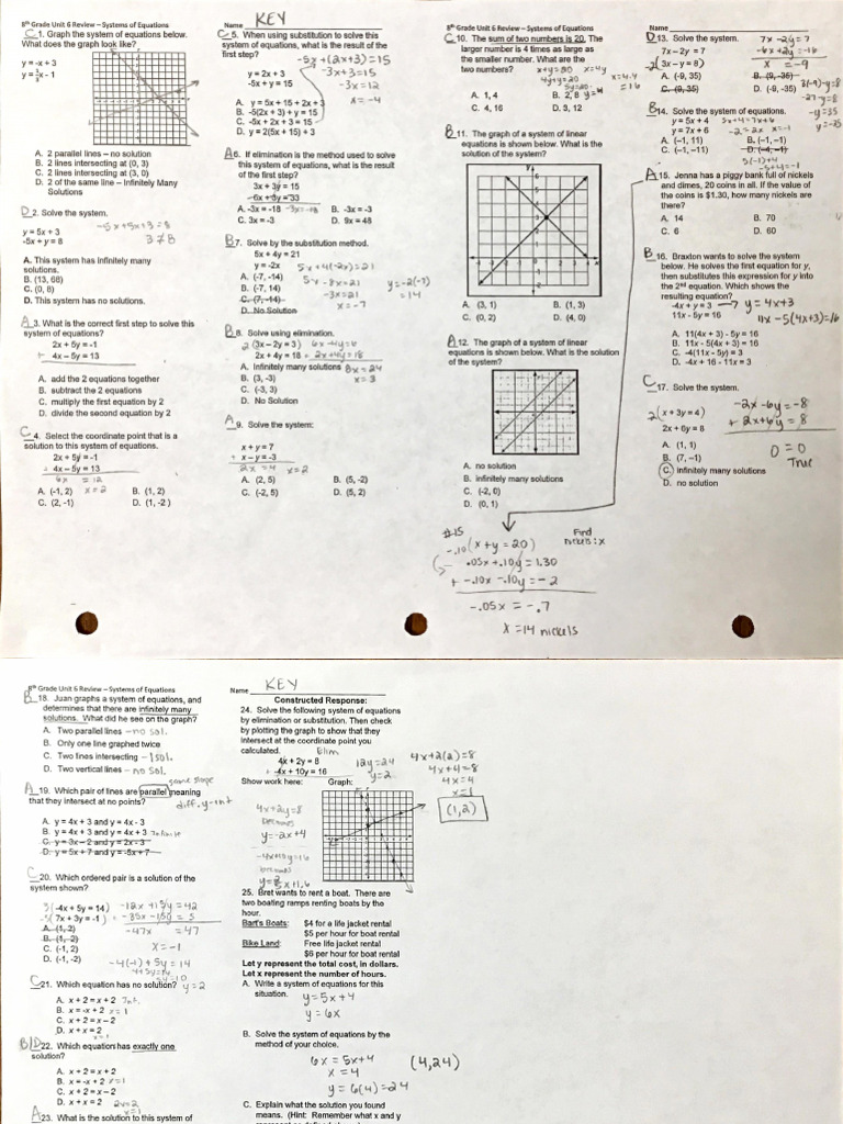 Unit 6 Systems Review Key | PDF | Equations | Mathematical Analysis