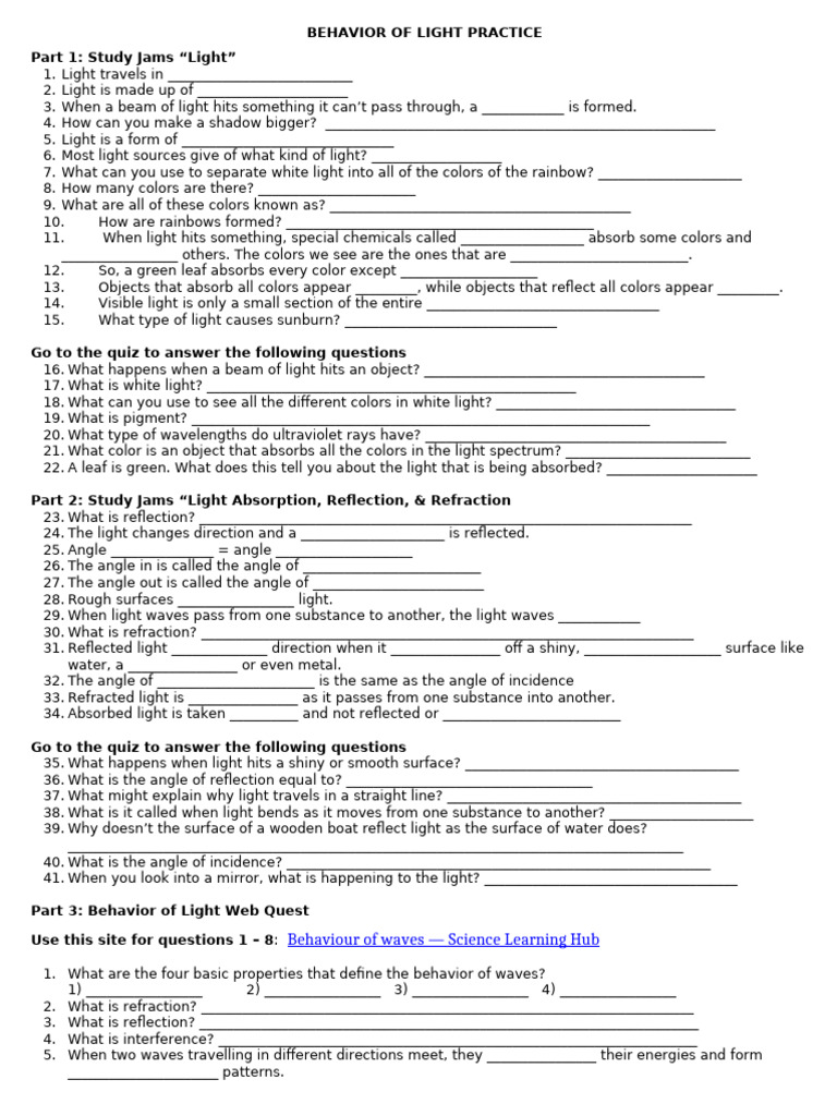 Study Jams Light, Behavior of Light Webquest | PDF | Light | Reflection ...
