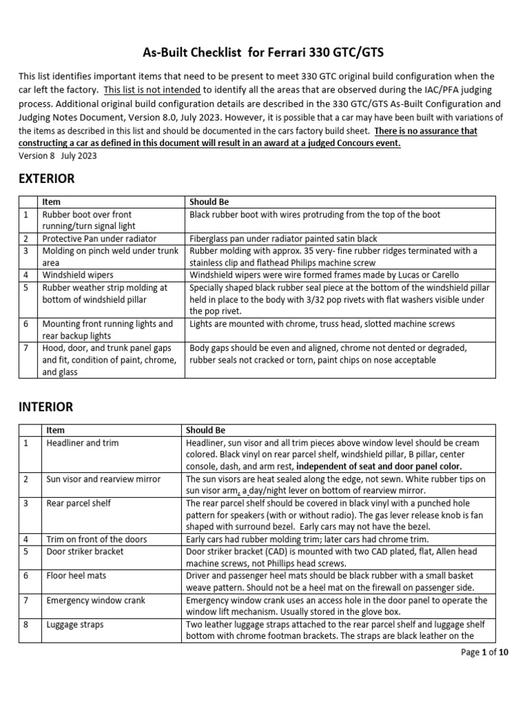As Built Checklist For Ferrari 330 GTC GTS Version 9 | PDF | Tools | Tire