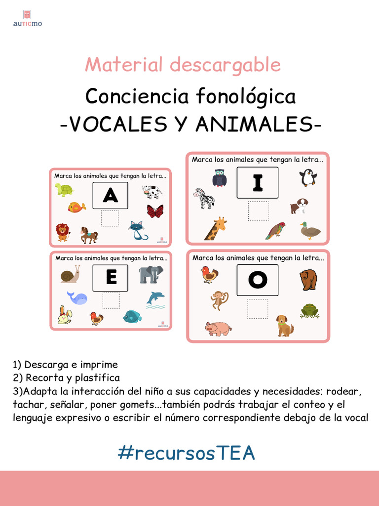 Conciencia Fonológica: Vocales y Animales | PDF