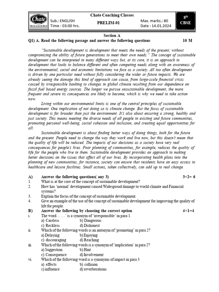 8th - CBSE - Prelim-01 - ENGLISH - Question Paper | PDF | Sustainability | Sustainable Development