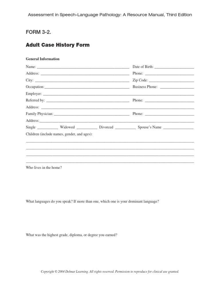 Adult Speech Therapy Case History Form | PDF | Hearing Loss | Medical ...