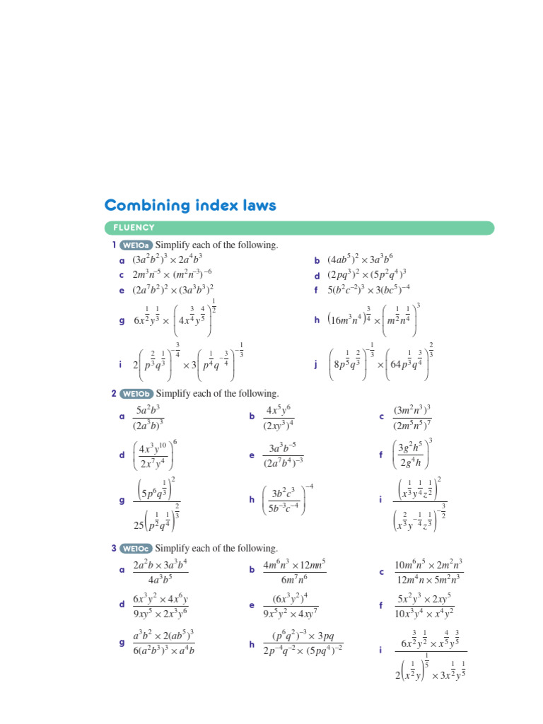 Year 10 - Index Laws Worksheet | PDF