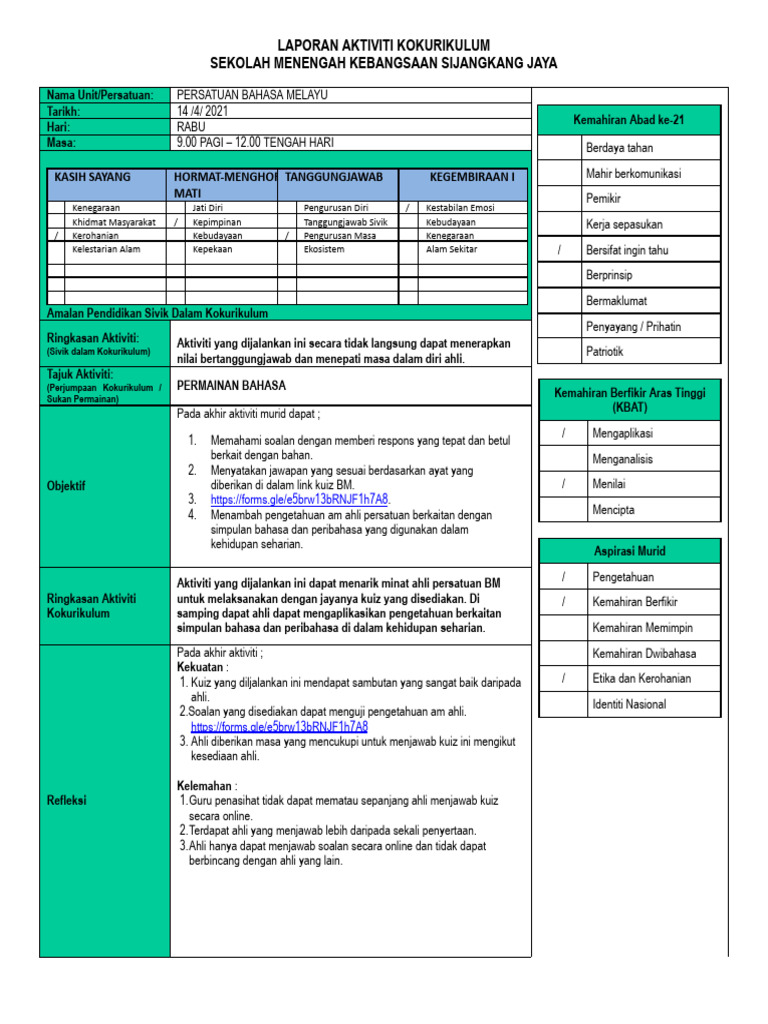 Contoh Laporan Mingguan Kokurikulum | PDF