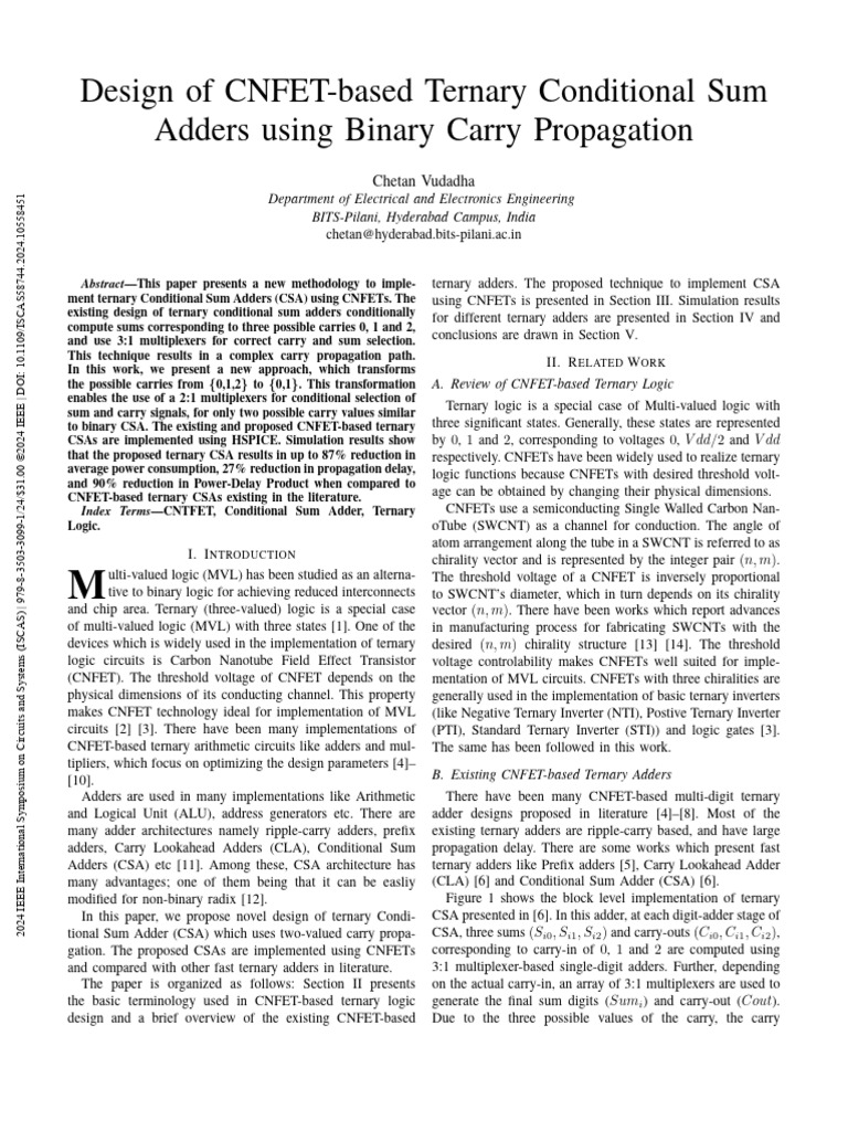 Design Of Cnfet Based Ternary Conditional Sum Adders Using Binary Carry