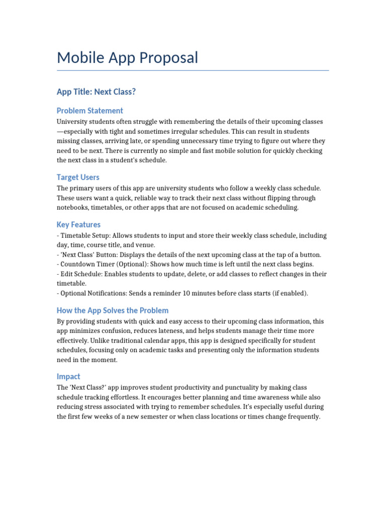 Next Class? Mobile App Proposal | PDF