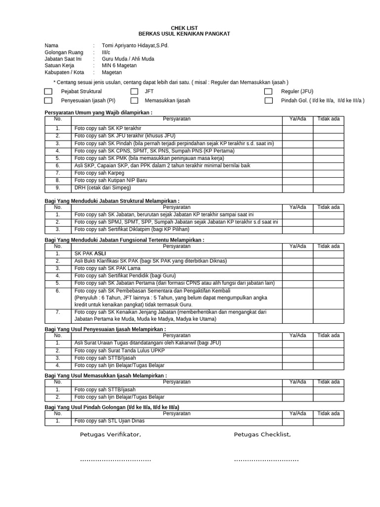 Ceklis Berkas Usul KP | PDF