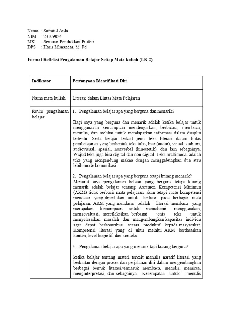 LK2 - Format Refleksi Literasi | PDF
