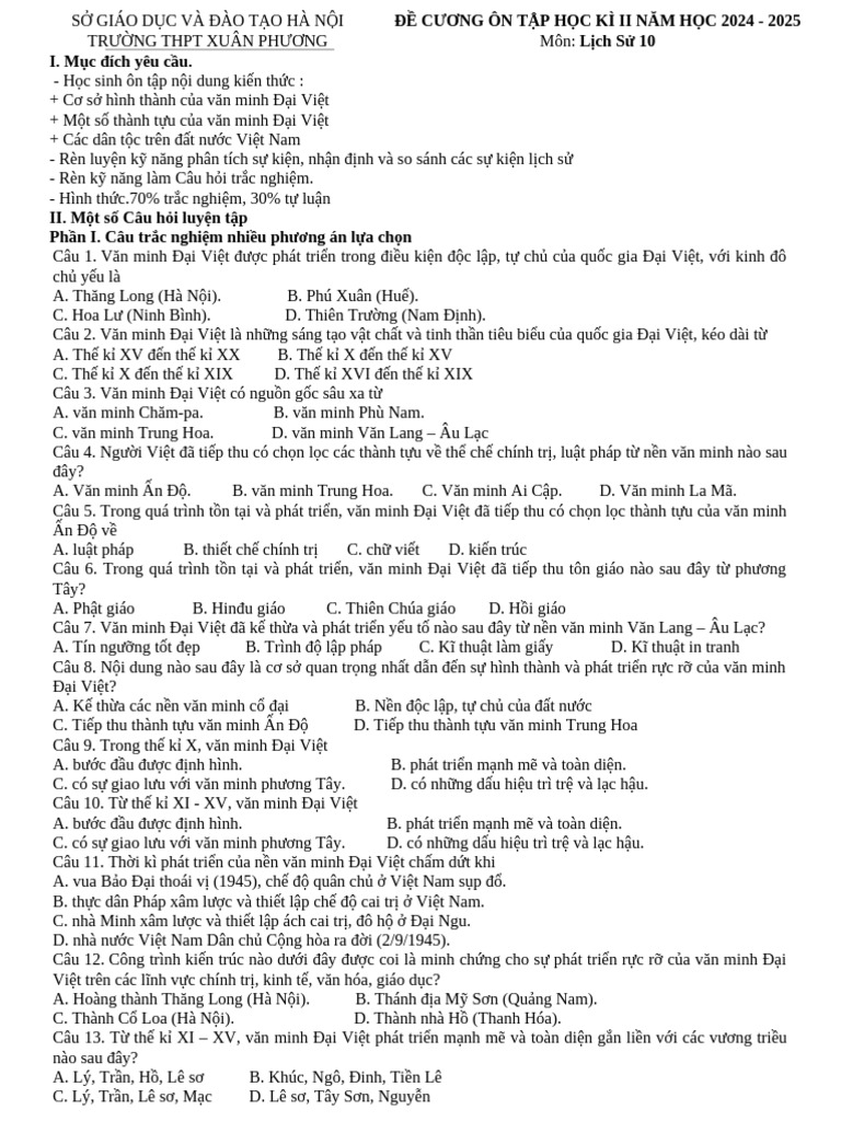 ĐỀ CƯƠNG SỬ 10 HK2 (2024-2025) | PDF