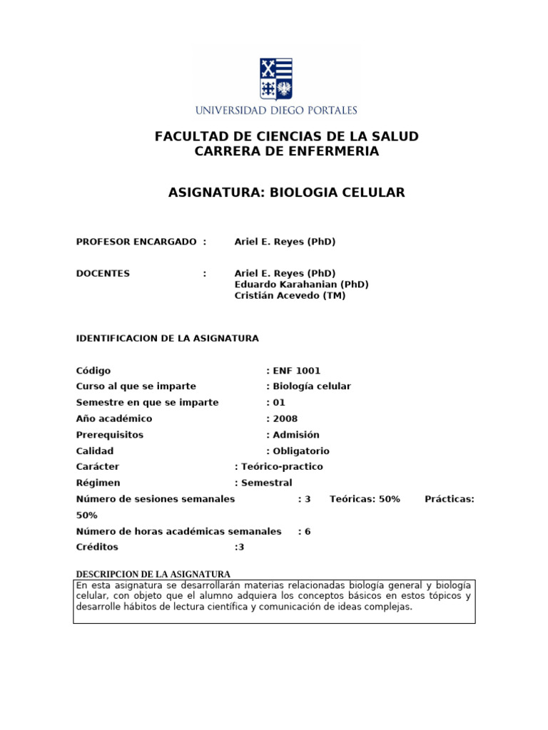 ENF1001 Programa Biología Celular | PDF | Biología Celular) | Proteínas