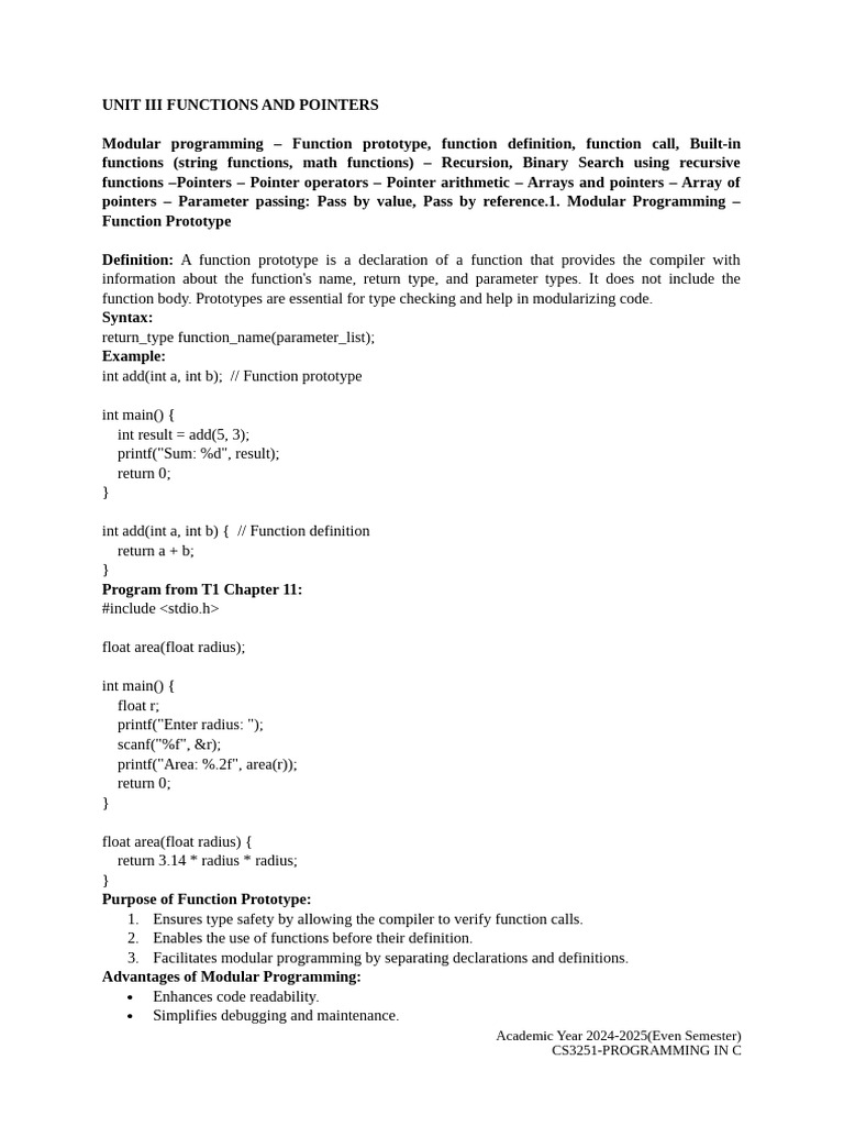 Unit Iii Functions and Pointers | PDF | Pointer (Computer Programming) | Parameter (Computer ...