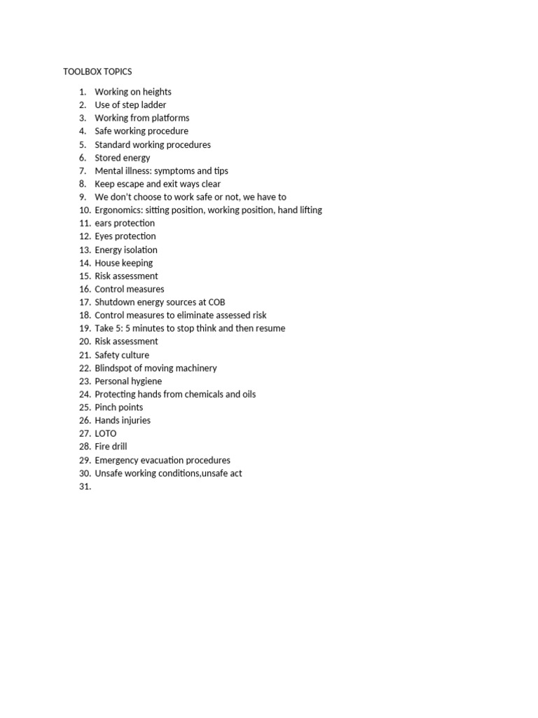 Toolbox Safety Topics Overview | PDF