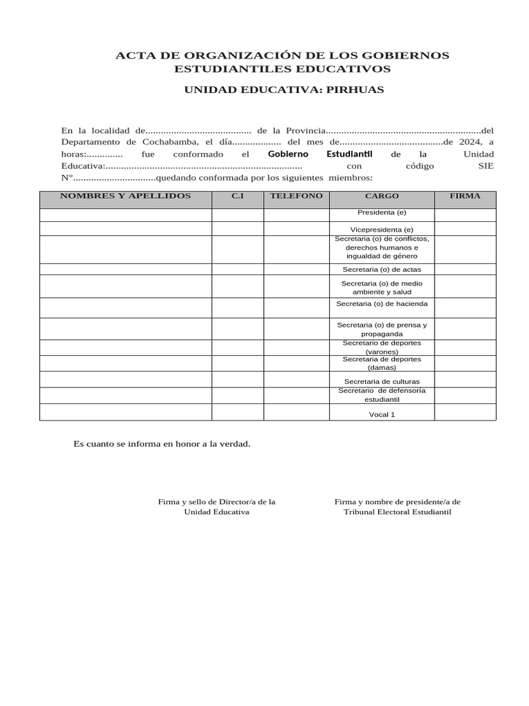 ACTA DE ORGANIZACIÓN DE LOS GOBIERNOS ESTUDIANTILES Y DEFENSOR (1) | PDF | Gobierno