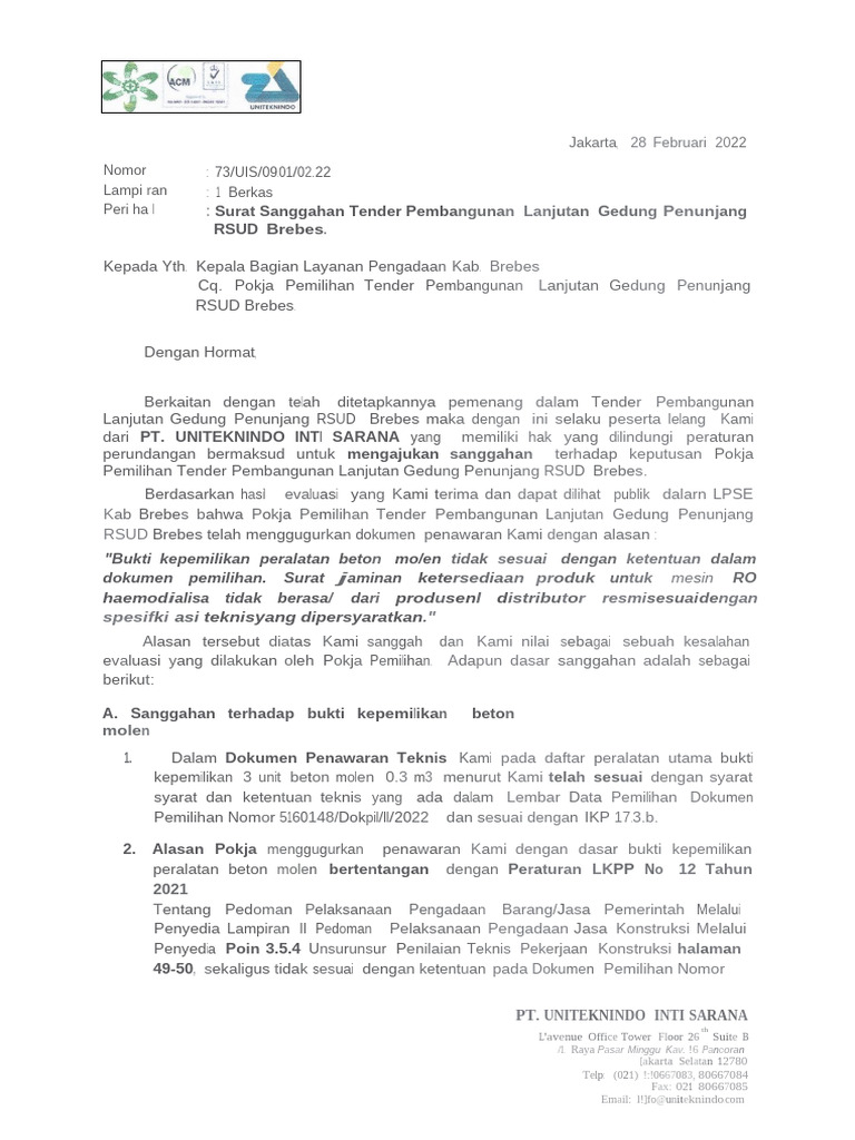Sanggahan Tender RSUD Brebes oleh PT. UNITEKNINDO | PDF