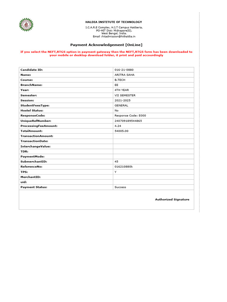 Fees Payment - 7th Sem | PDF