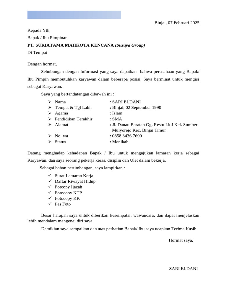 Surat Lamaran Yang Di Sari Eldani | PDF