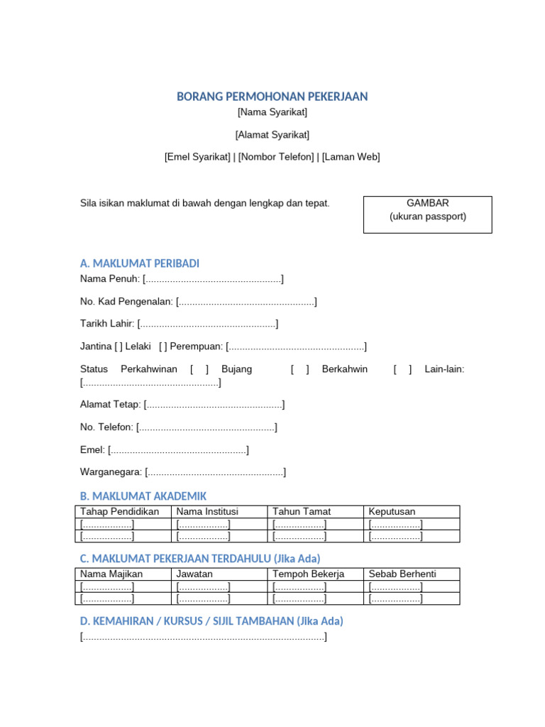 Borang Permohonan Pekerjaan Format Profesional | PDF