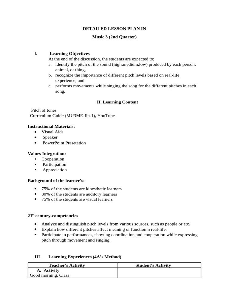 DETAILED LESSON PLAN IN Music - Gela | PDF | Pitch (Music) | Sound