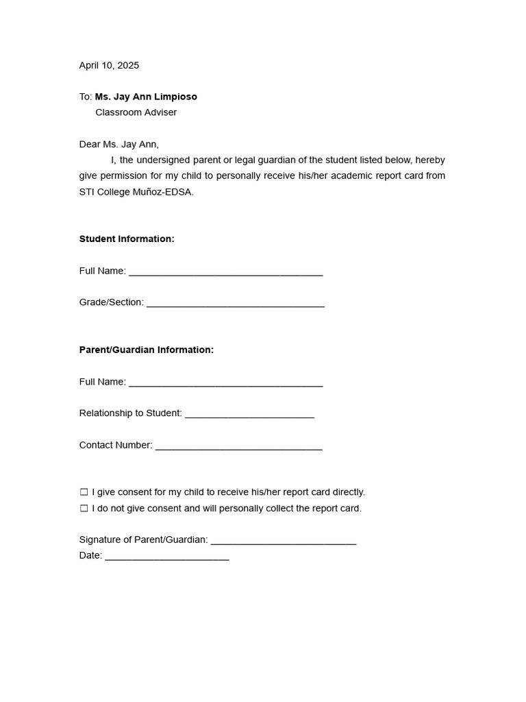 Report Card Parent Consent Form 1 | PDF