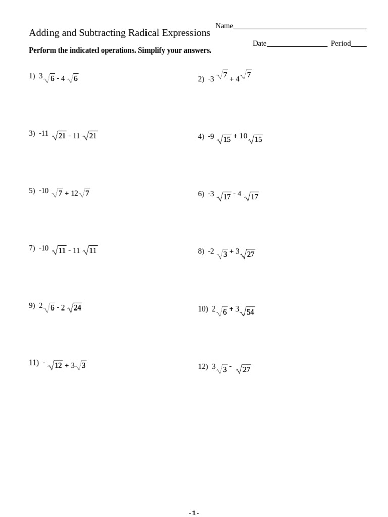 Adding+Subtracting Radical Expressions ACTIVITY | PDF