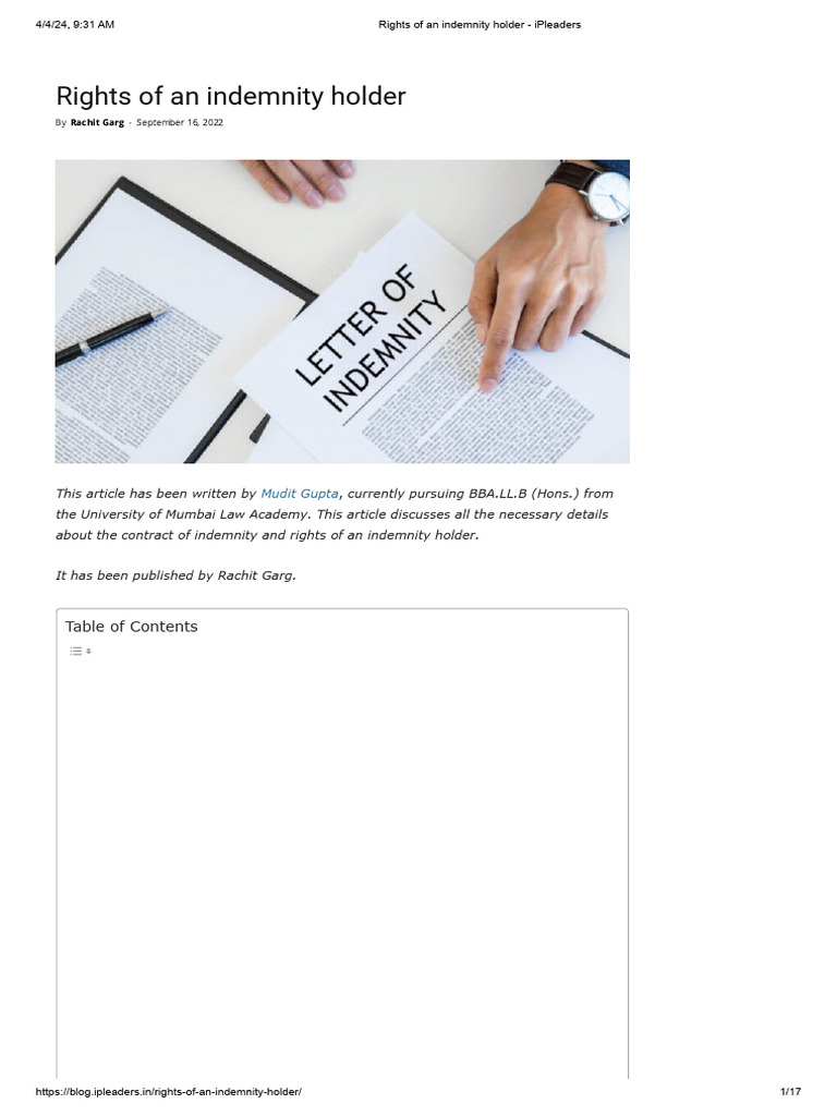 Rights of An Indemnity Holder - Ipleaders | PDF | Indemnity | Law Of Obligations