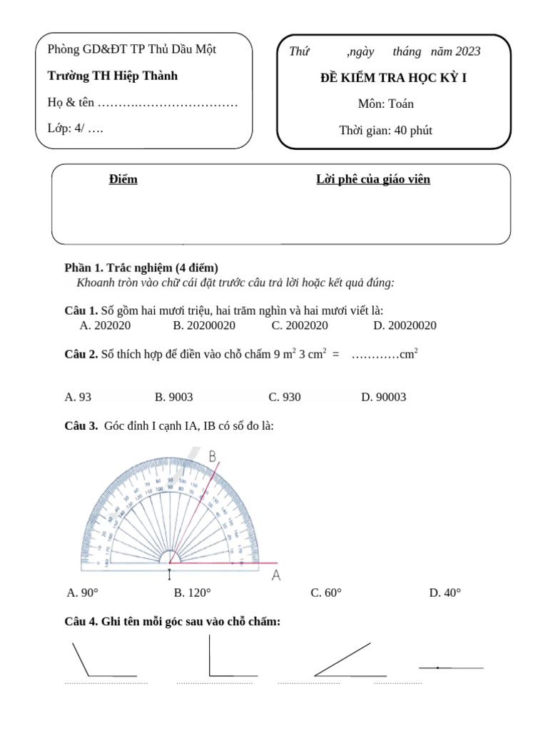Lớp 4 - Đề ôn thi HK1 (3) | PDF