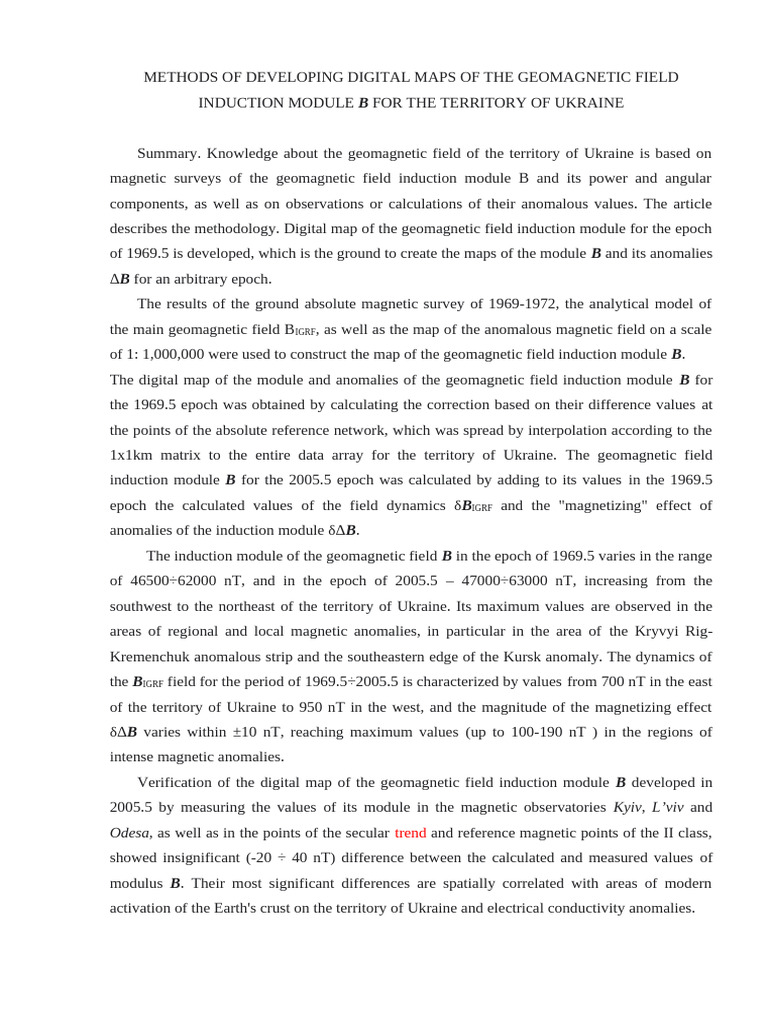 Methods of Developing Digital Maps of The Geomagnetic Field Induction ...