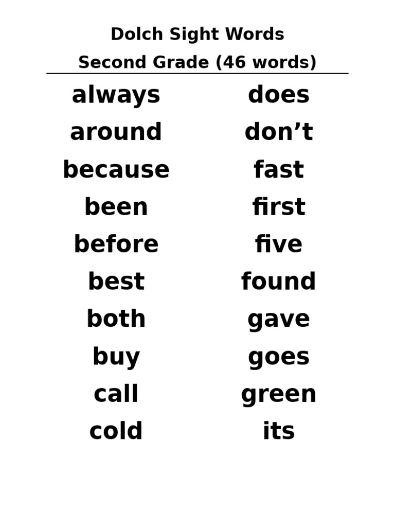 Second Grade Dolch Sight Words List | PDF