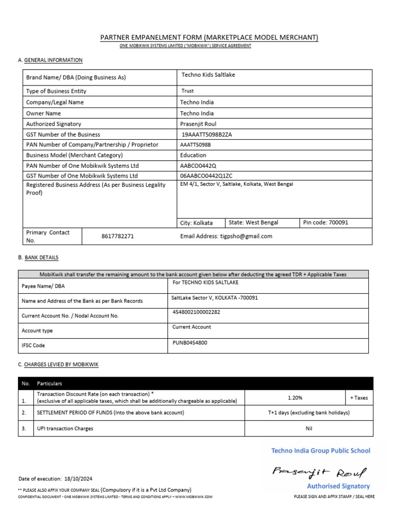 Techno Kids Enablement Form | PDF | Payments | Business