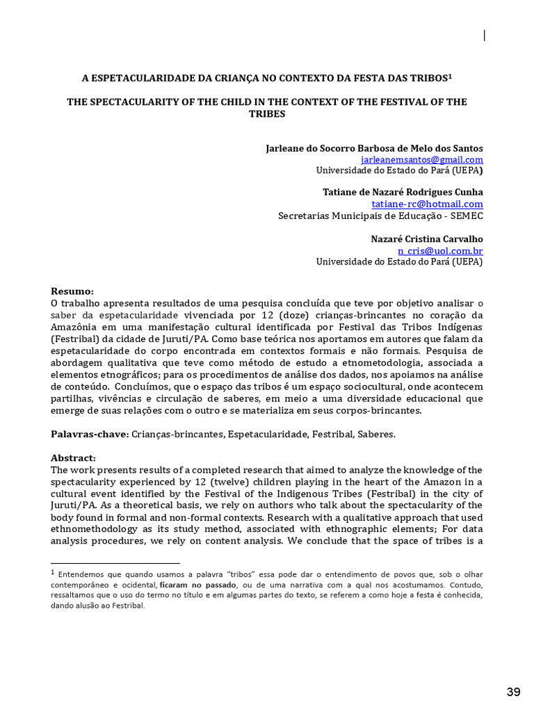 A Espetacularidade Da Criança No Contexto Da Festa Das Tribos The ...