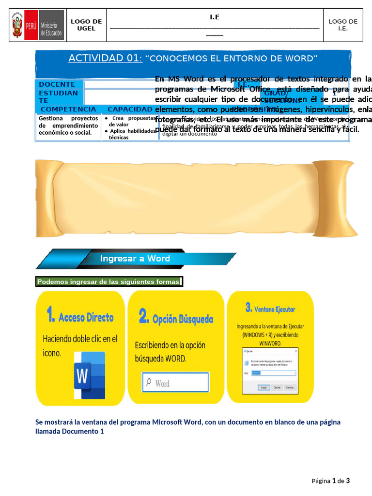 Ept Computación 1° - Ficha de Aprendizaje 01 | PDF | Microsoft Word | Informática