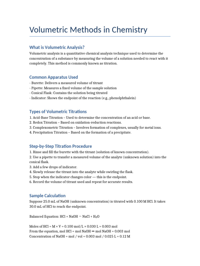 Volumetric Methods in Chemistry | PDF