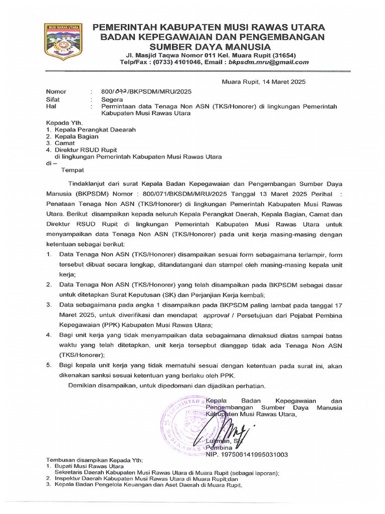Surat BKPSDM - Permintaan Data Tenaga Non ASN | PDF