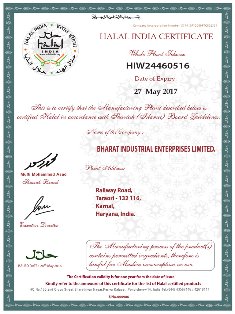 Bharat Industrial Enterprises Limited HALAL INDIA CertIFICATE | PDF