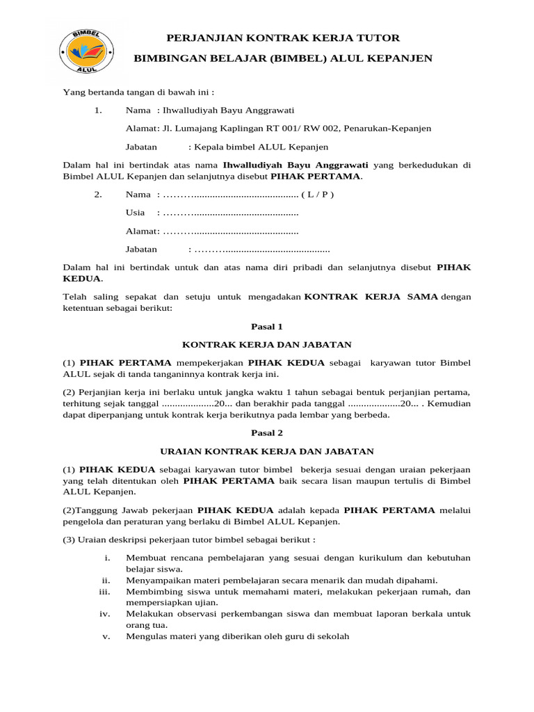 Kontrak Kerja Tutor Baru 2025 selama 1 tahun awal | PDF