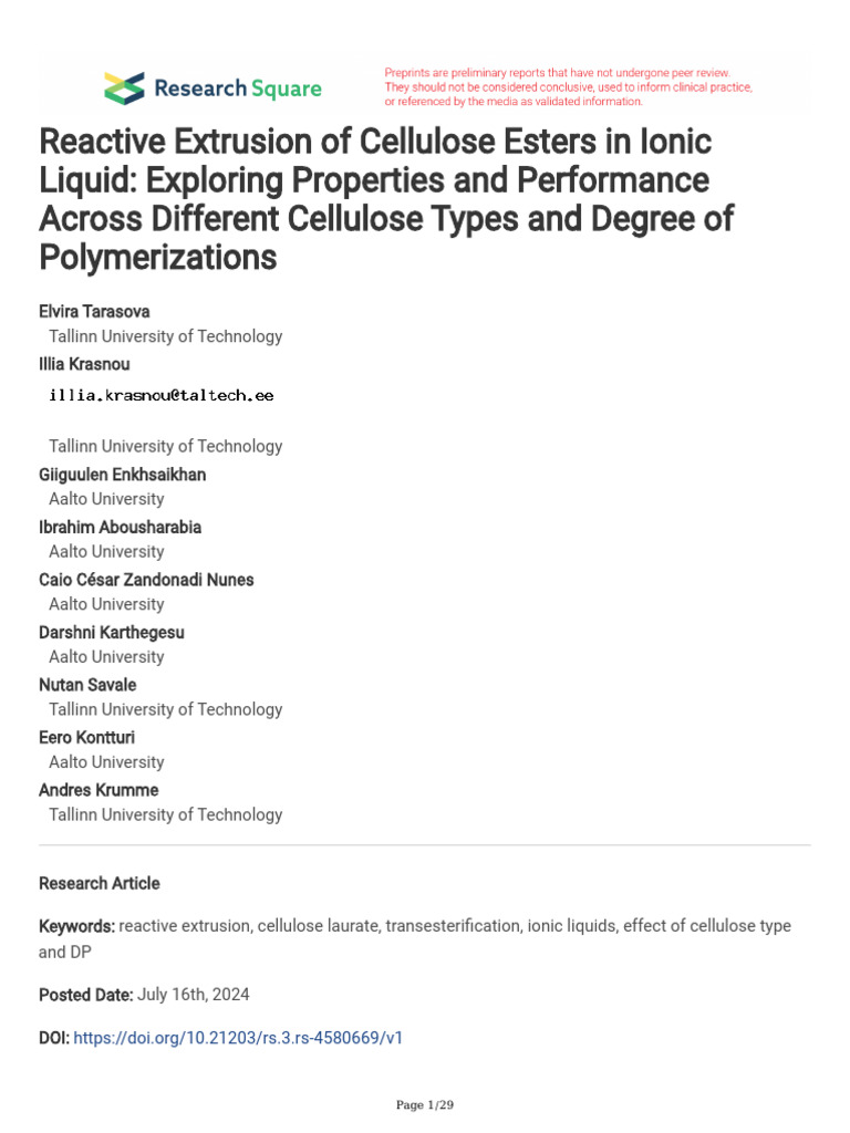 Reactive Extrusion of Cellulose Esters in Ionic Liquids | PDF | Polymers | Cellulose