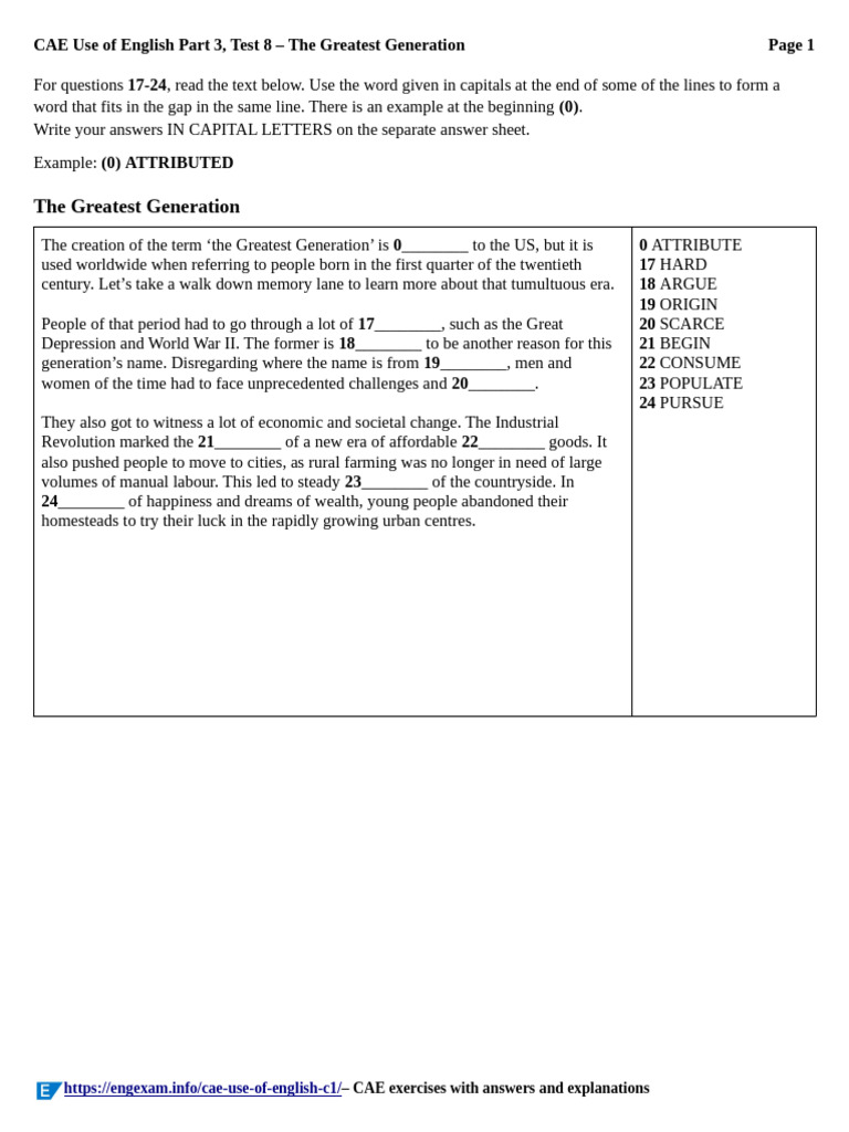 CAE Use of English Part 3, Test 8 - The Greatest Generation | PDF ...