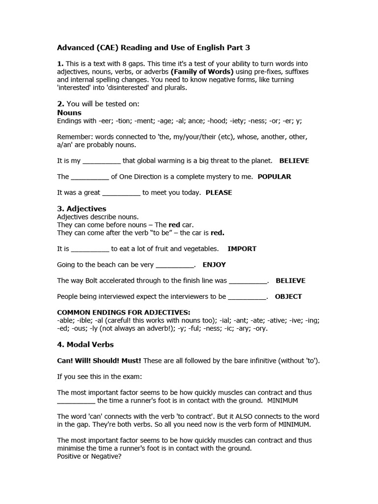 CAE Reading and Use of English PART 3 | PDF | Verb | Adverb